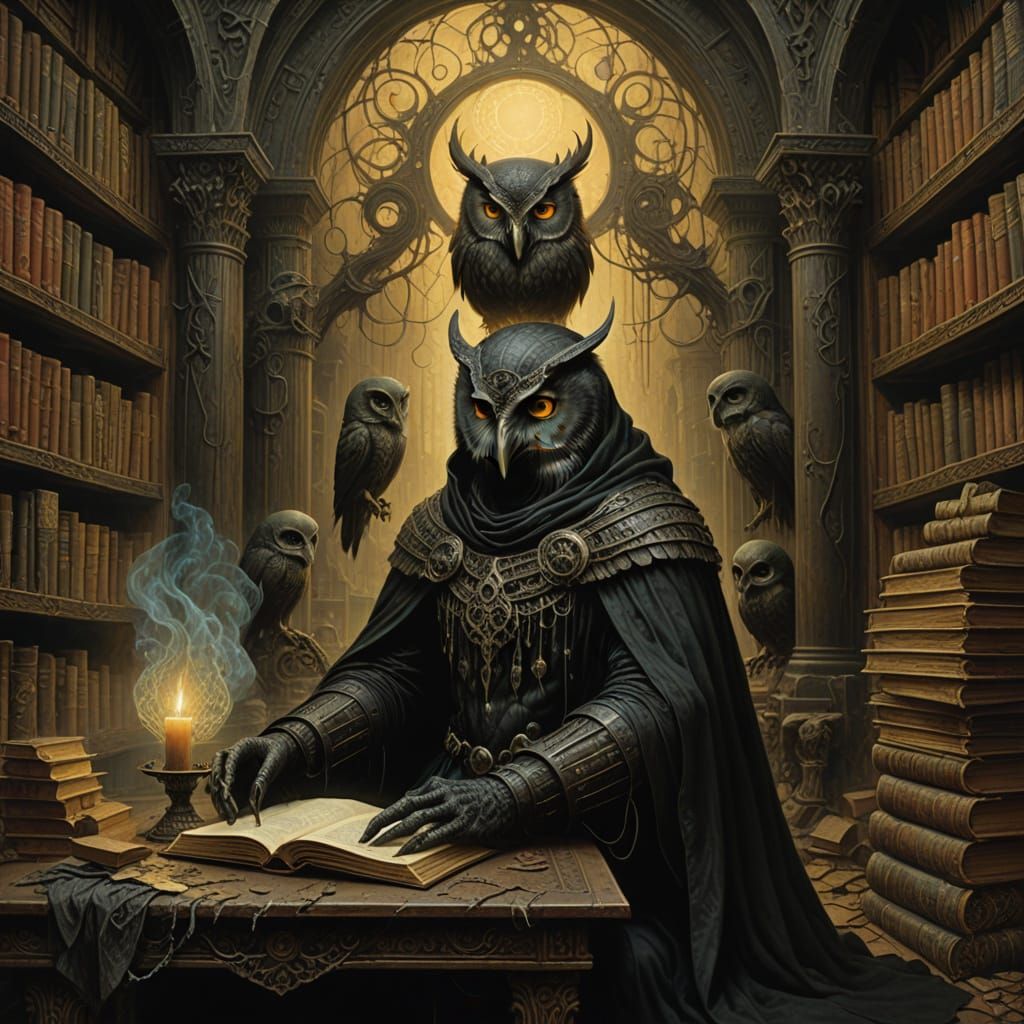 Mystical Black Owl Warlock in a Haunted Library - AI Art
