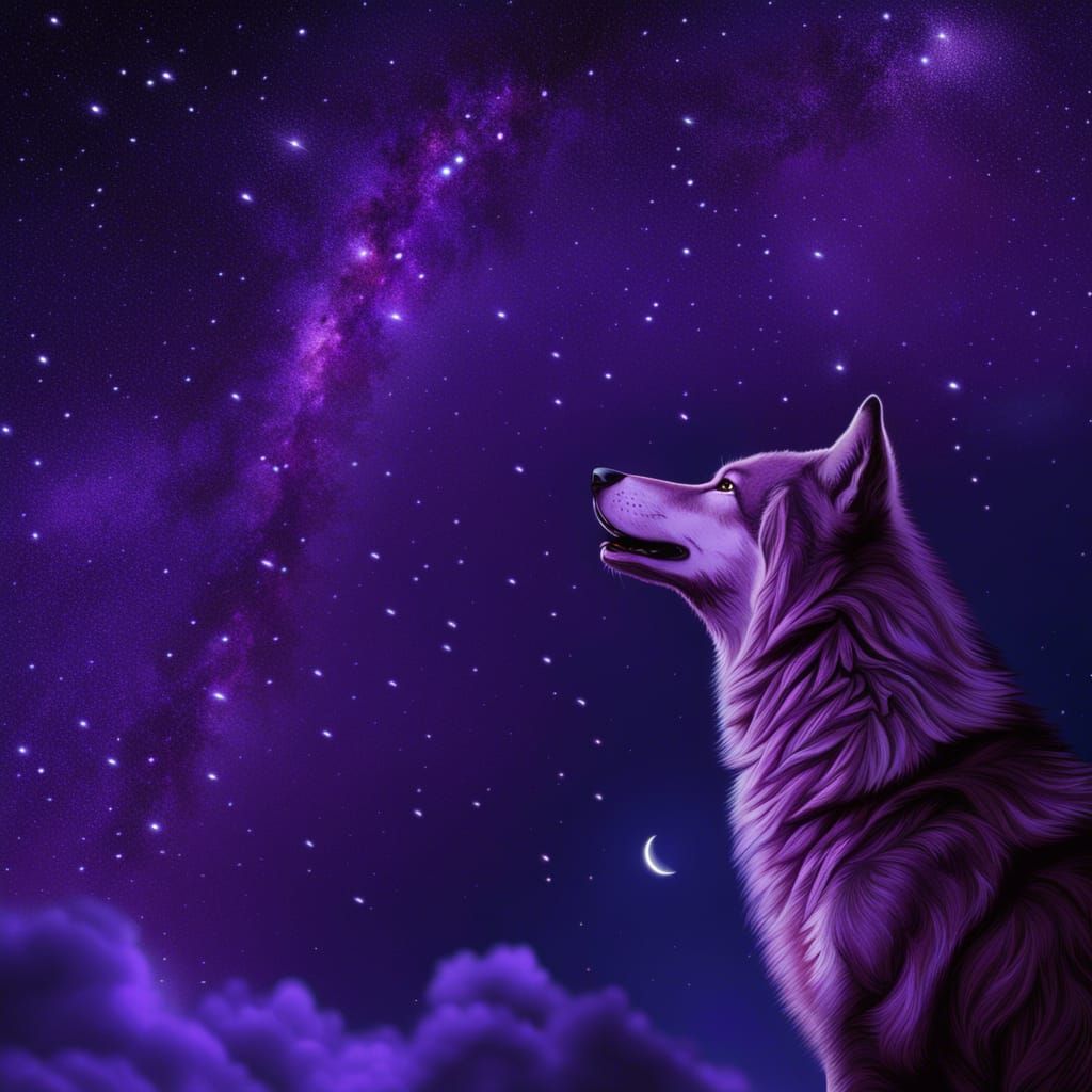Purple howling wolf looking up at the Perseid Meteor shower - AI ...