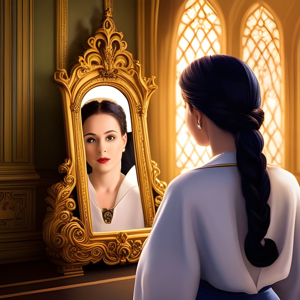 Magic mirror showing the reflection of young snow white to the queen ...
