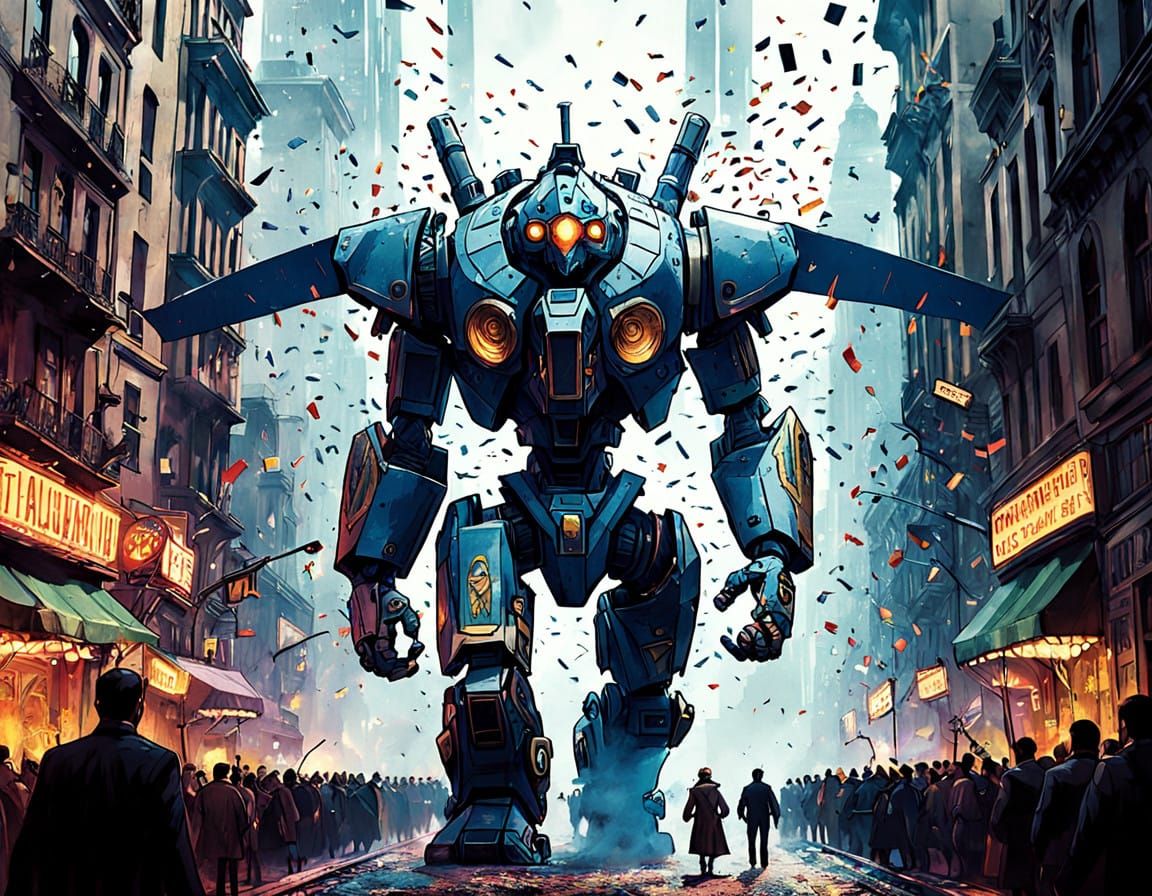 Grey and Gold Warhammer 40k Robot Leads Joyful Par... - AI Art