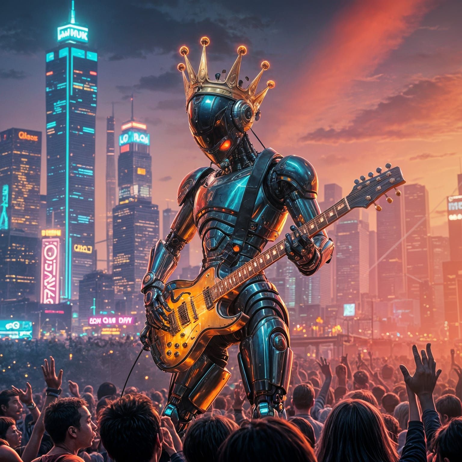 Cyberpunk Robot Shredder Performs for Vibrant Urba... - AI Art