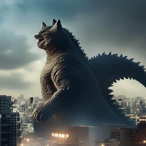 huge cat VS godzilla demolishes buildings in tokyo - AI Generated ...