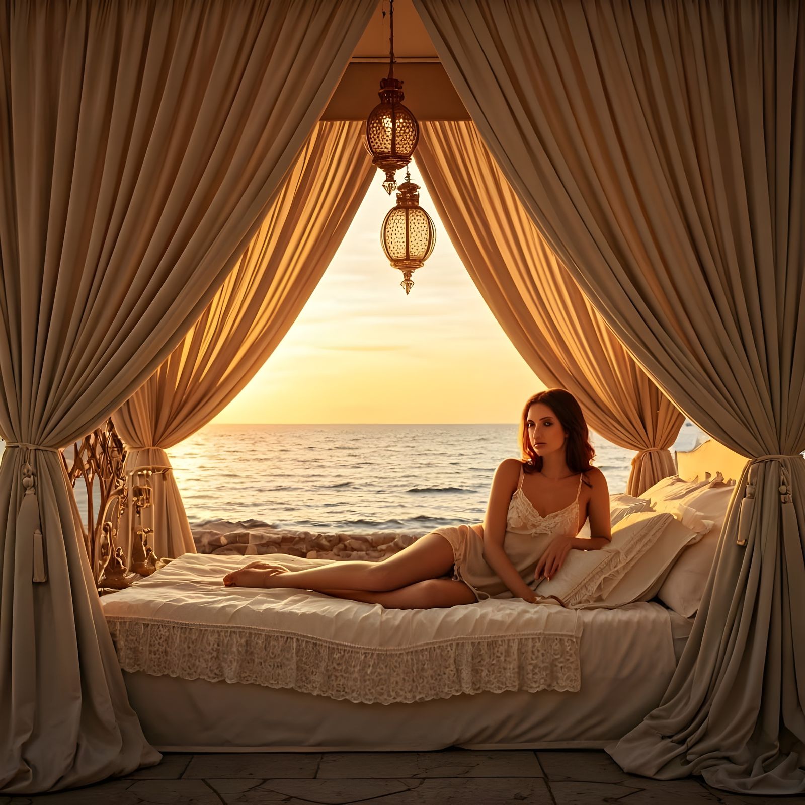 a woman relaxing on canopy bed - Woman Relaxes on a Luxuriou...