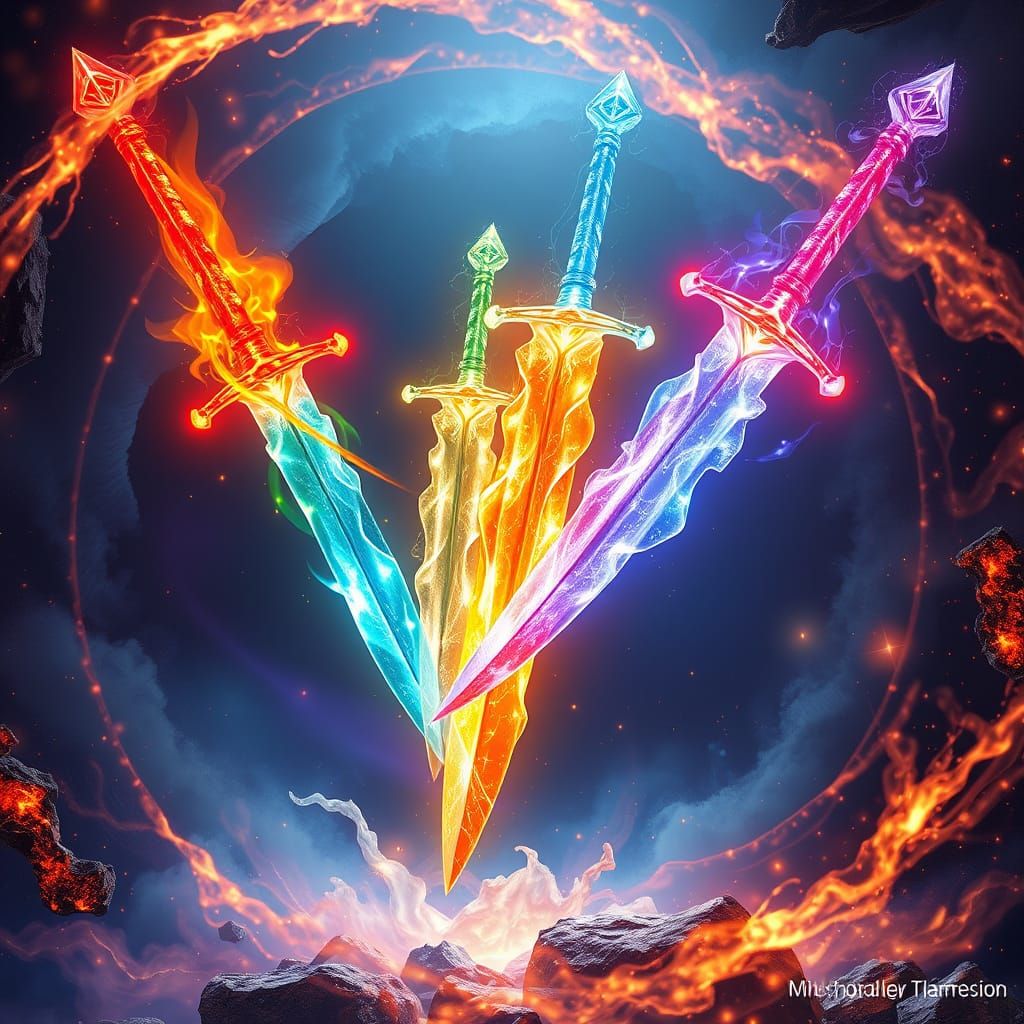 Translucent Elemental Swords in Vibrant Energy Vor... - AI Art