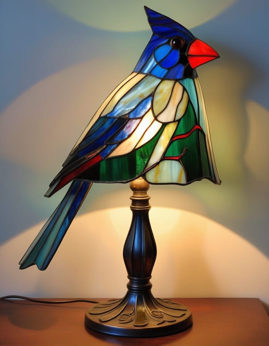 Stained Glass Cardinal Lamp in Vibrant Red Glow - AI Art