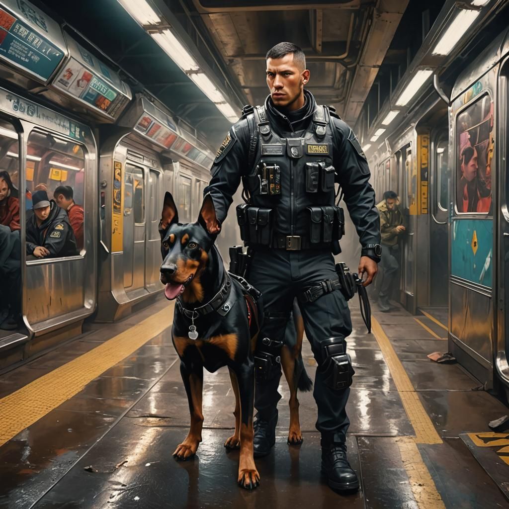 the underground cyberpunk subway, military police, and dobermann - AI ...