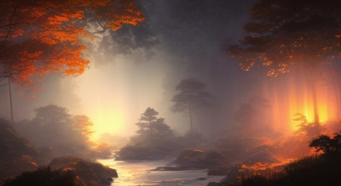 Canyon, Ravine, Forest, River, Night, Stormy, Magic Crystal Glow, 8k ...