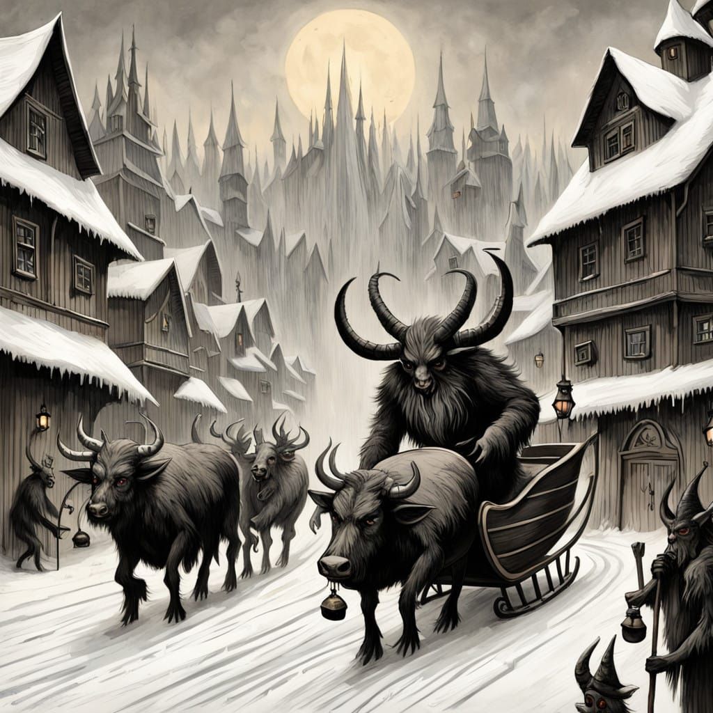 Krampus Procession in a Snow-Covered Alpine Villag... - AI Art