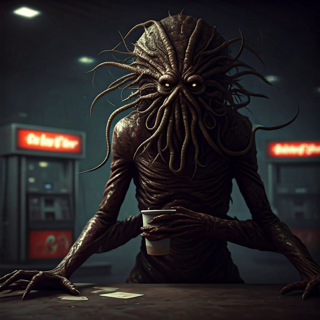 Eldritch Horror at a Gas Station Coffee Shop - AI Art