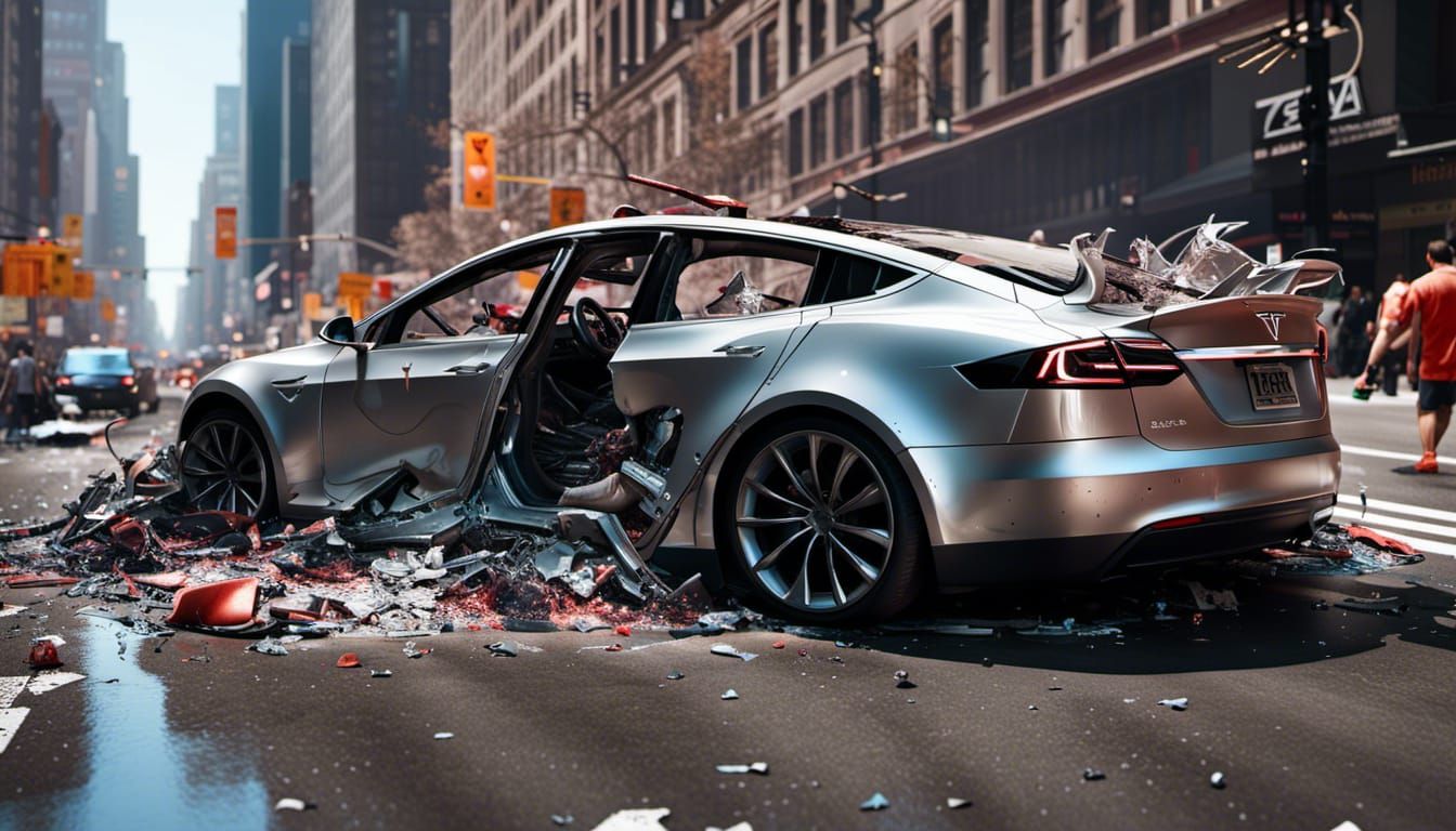 Tesla electric car smashed v.3 - AI Generated Artwork - NightCafe Creator