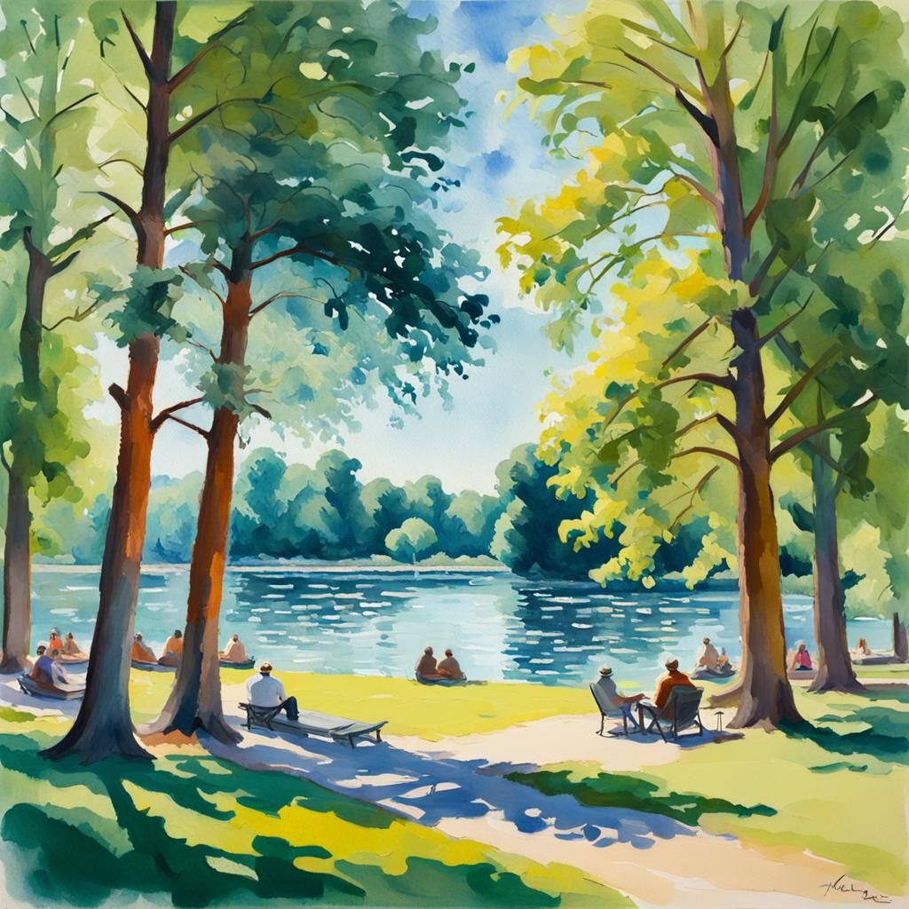 Lazing in a park on a sunny afternoon, in the summer time, lake trees. people - AI Generated ...