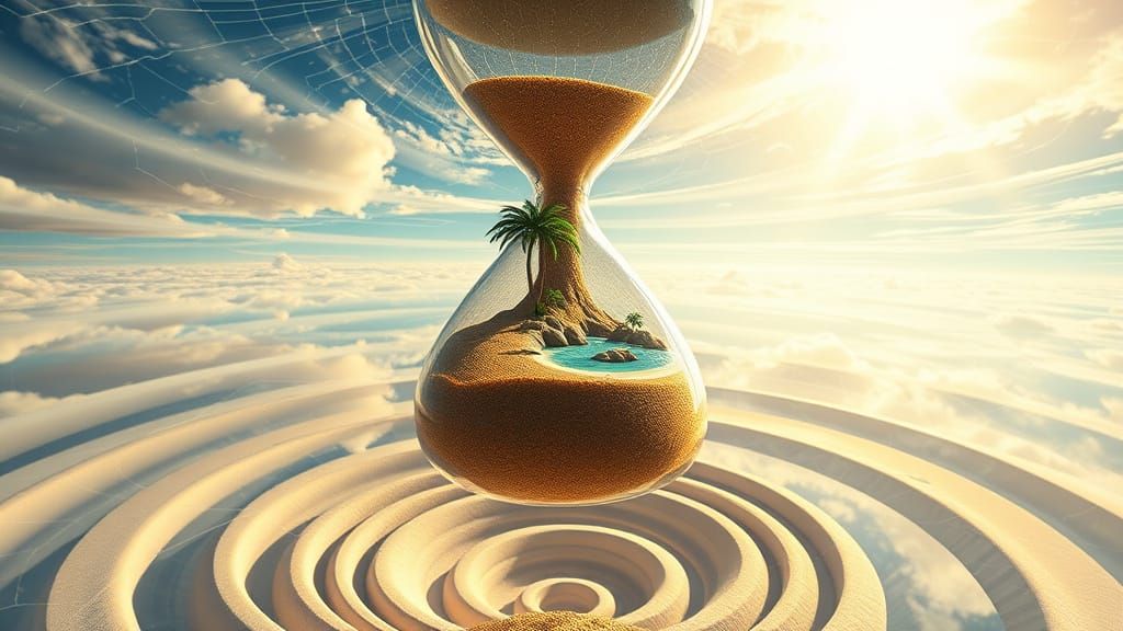 A hyper-realistic looking floating hourglass, suspended in mid-air ...