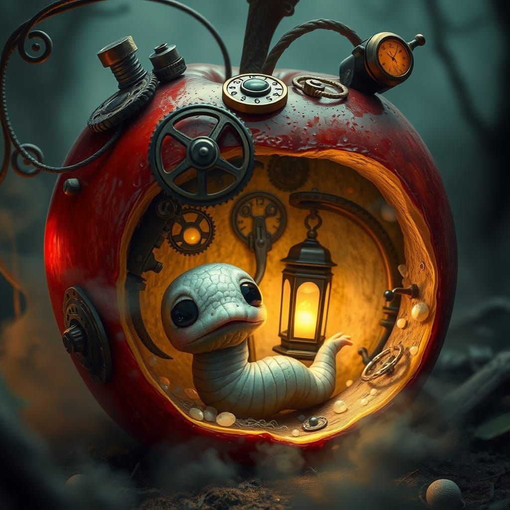 Steampunk apple worm. - Steampunk Wonders Unveiled in an Enc...