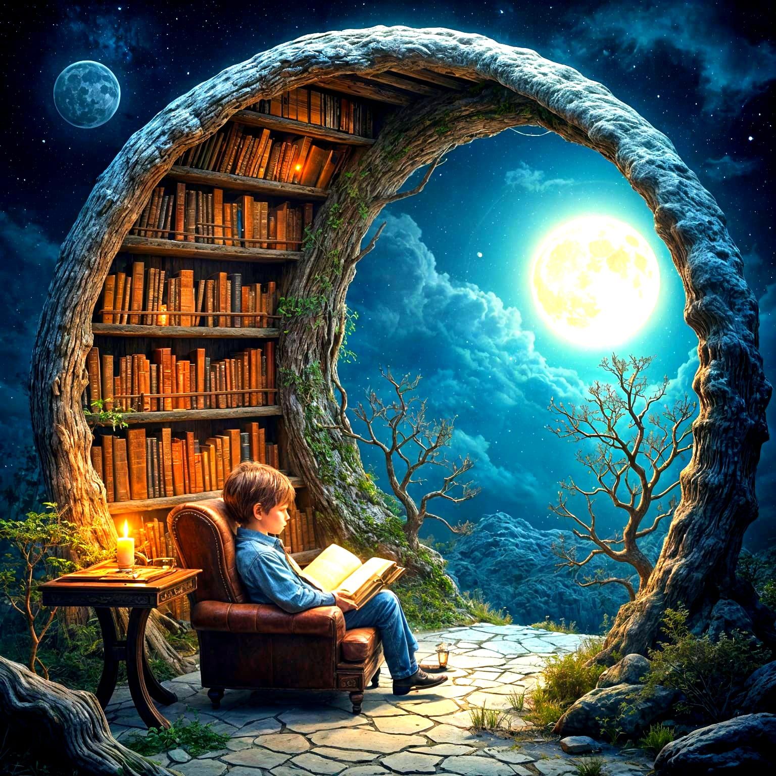 Surreal Moonlit Library Scene in Whimsical Style - AI Art