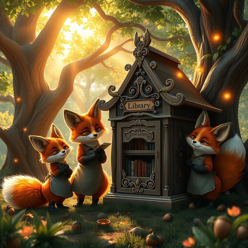Whimsical Foxes Build Enchanted Little Free Librar... - AI Art