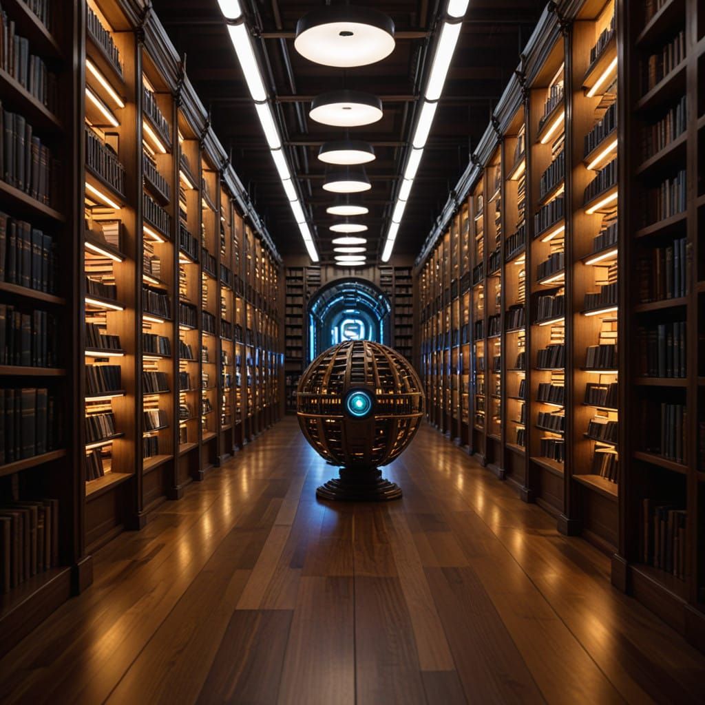 A cinematic shot of an endless library with rows upon rows of ...