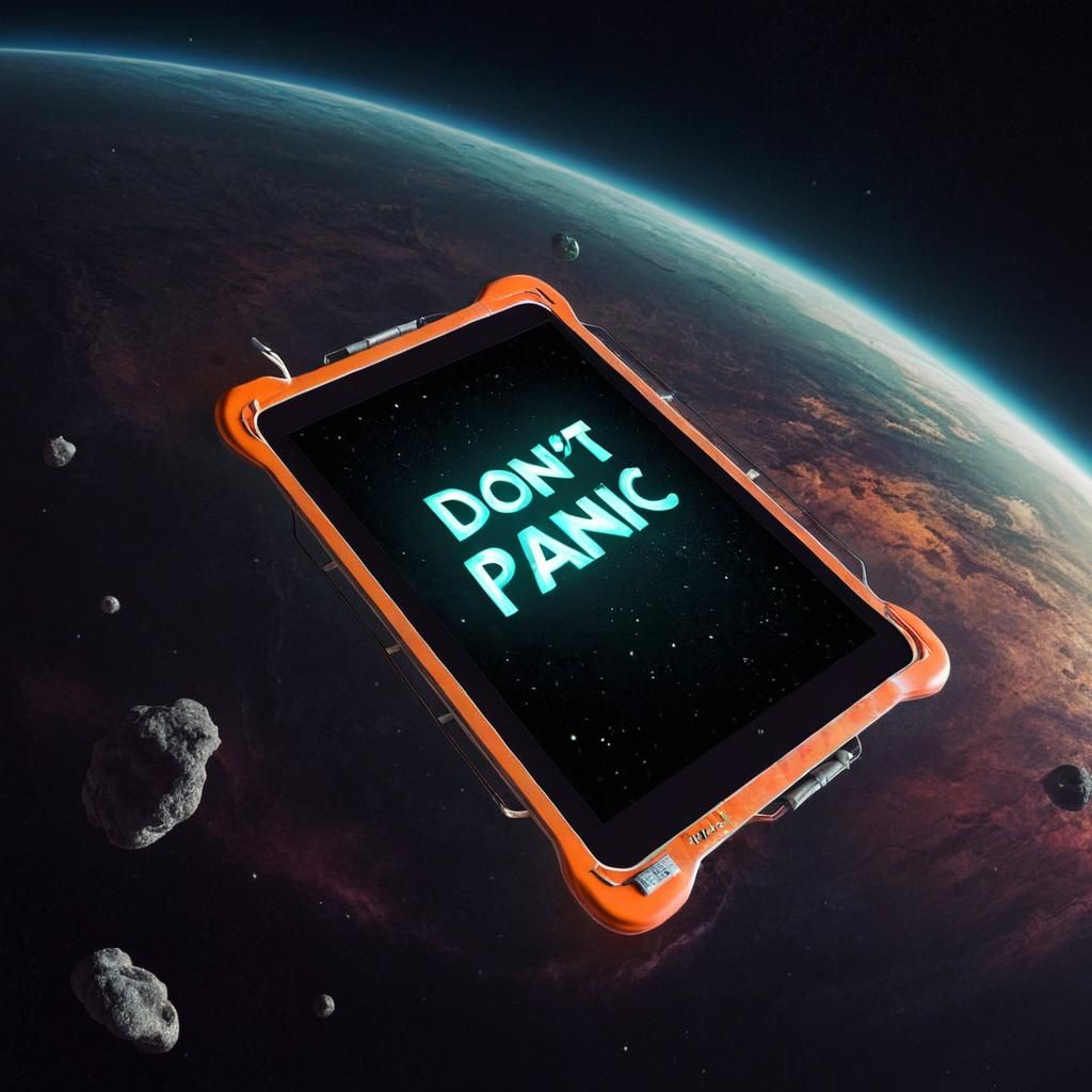 hyper realistic text "DON'T PANIC", futuristic digital tablet, free ...