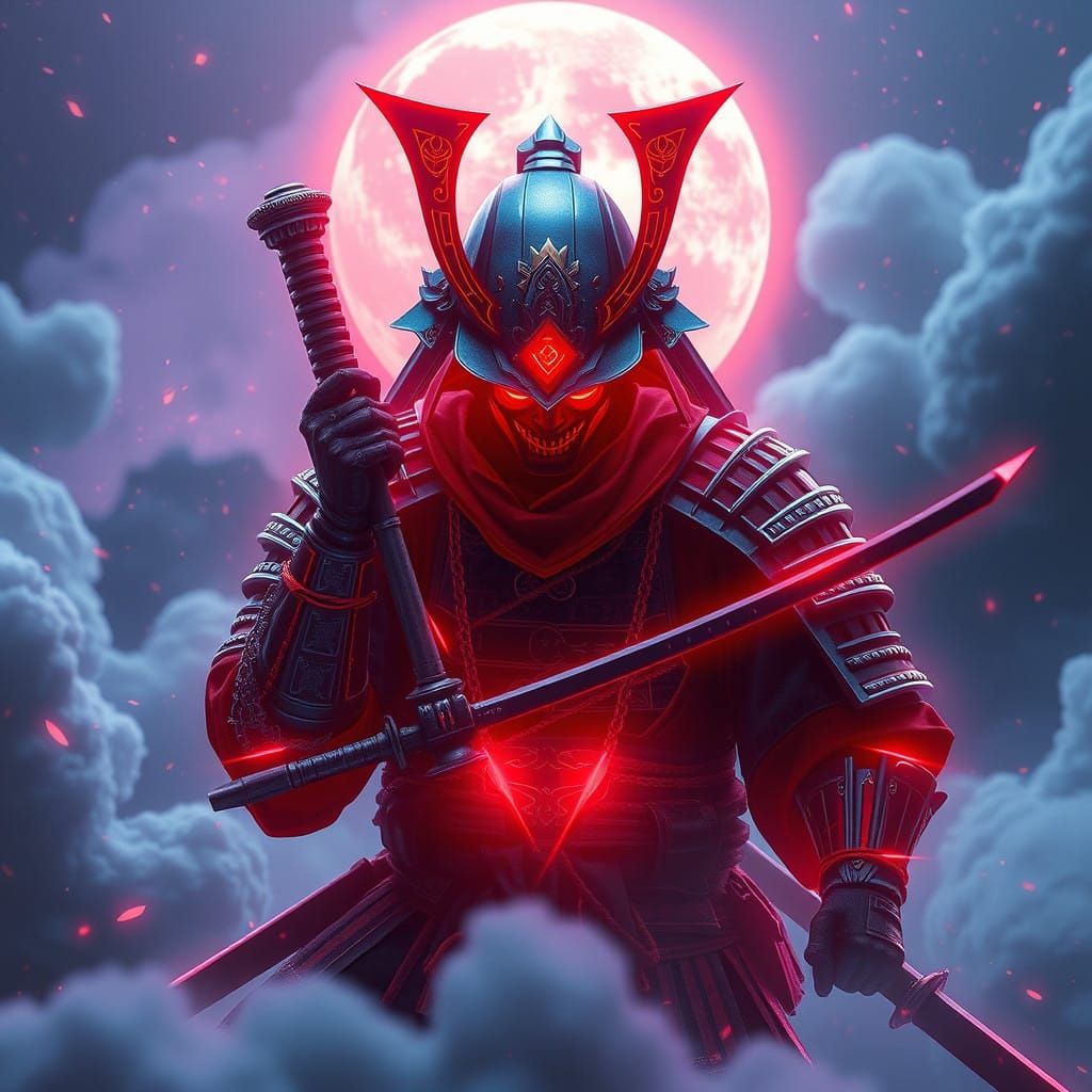 An evil samurai admires his weird new katana.