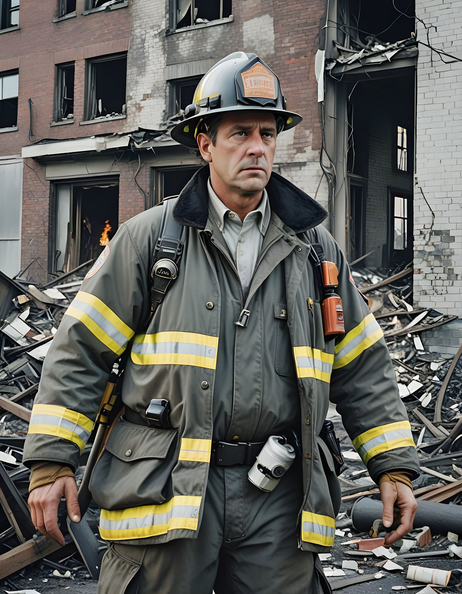 Firefighter staring at a burning building