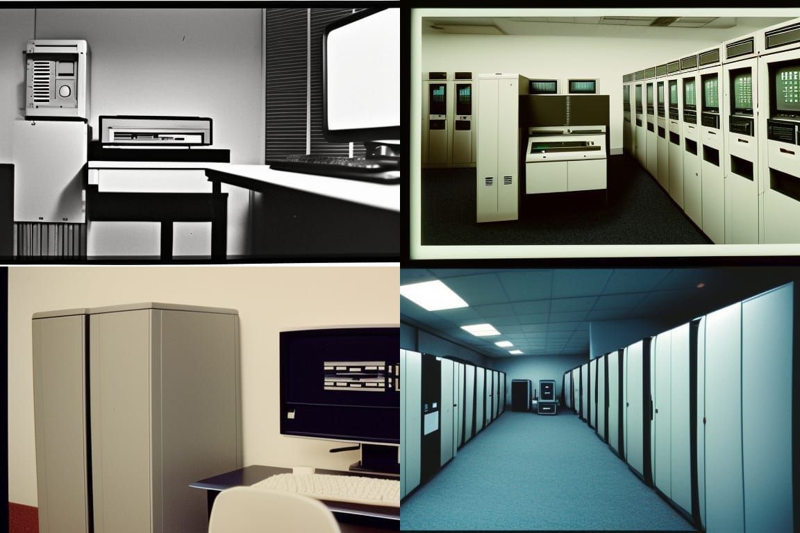 1989 a computer room and a mainframe computer. Wide shot 35mm cinematic ...