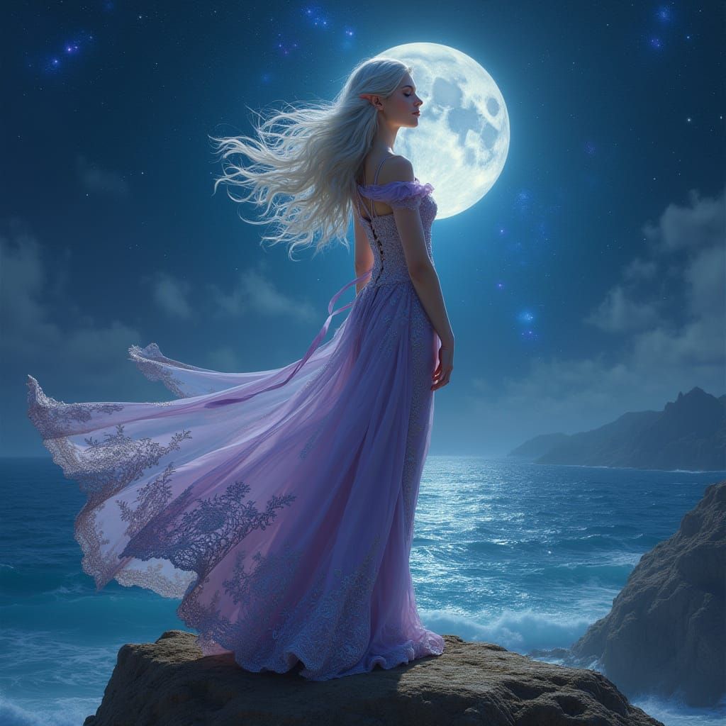 Ethereal Elven Queen Under Starry Skies - AI Art