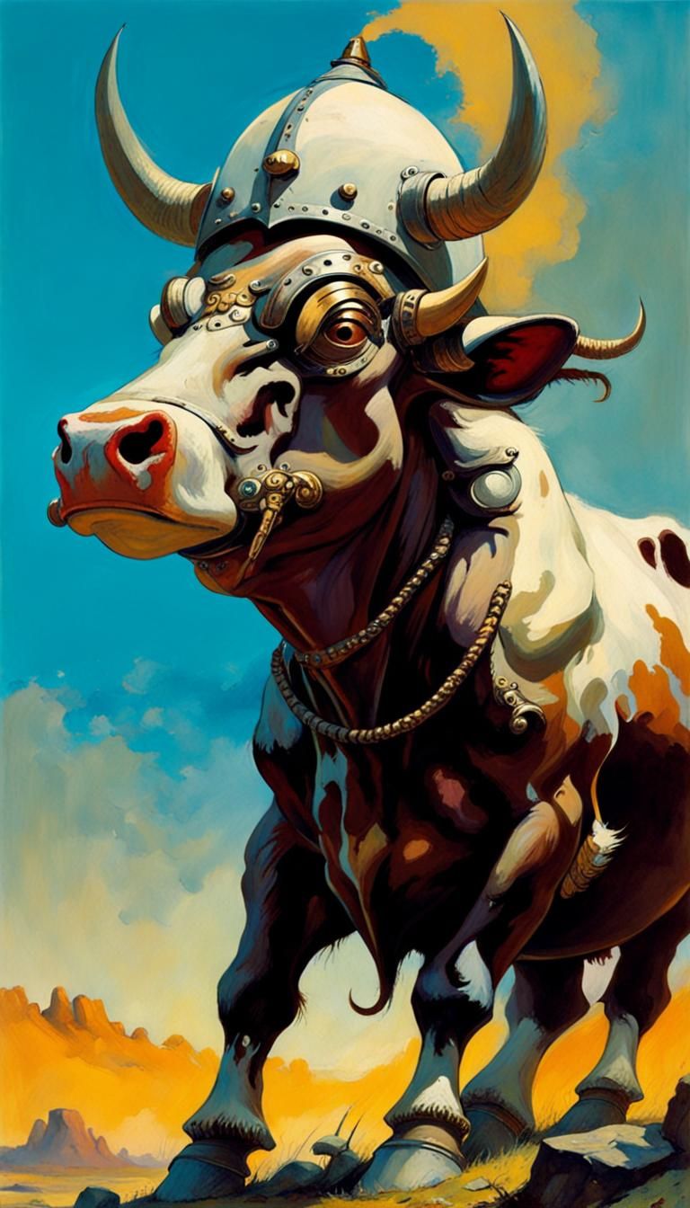 Frazetta surrealist epic cow warrior with horned helmet prehistoricore ...