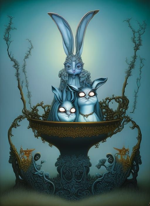 two cute fluffy evil zombie bunnies kissing and hugging in an ornate ...