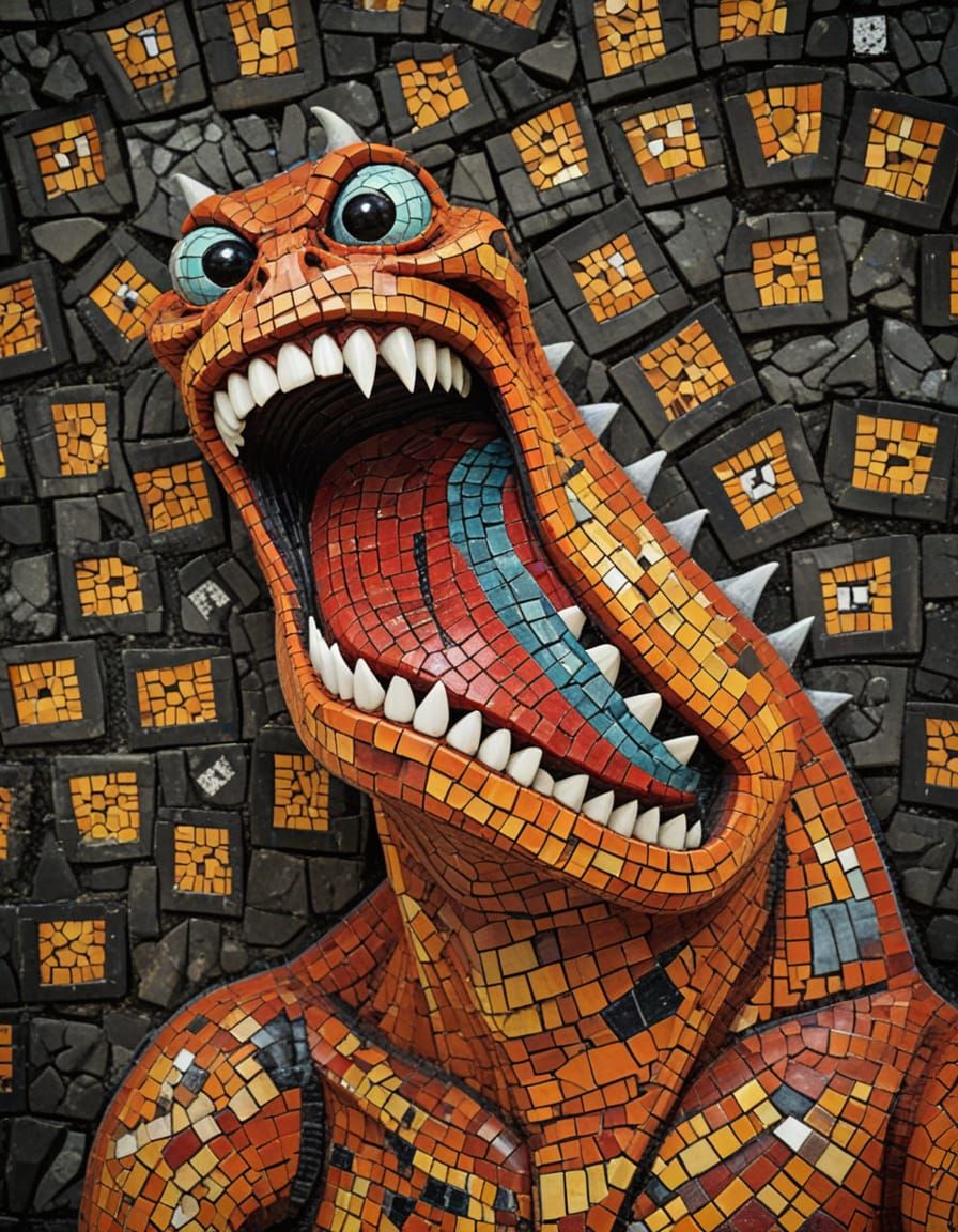 A spooky mosaic of a grinning monster with jagged tile teeth.