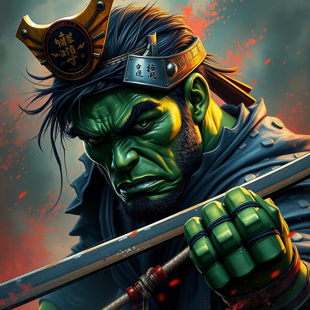 The hulk as a samurai - Hyperrealistic Hulk Samurai Concept...