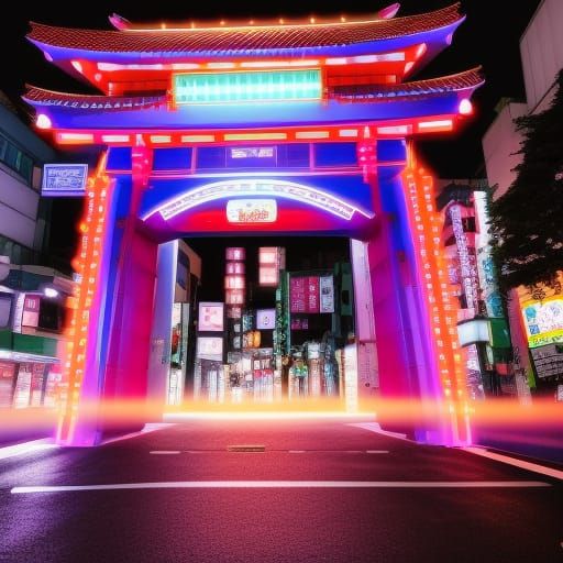 Tokyo night neon gate Harajuku back lit dynamic lighting long exposure ...
