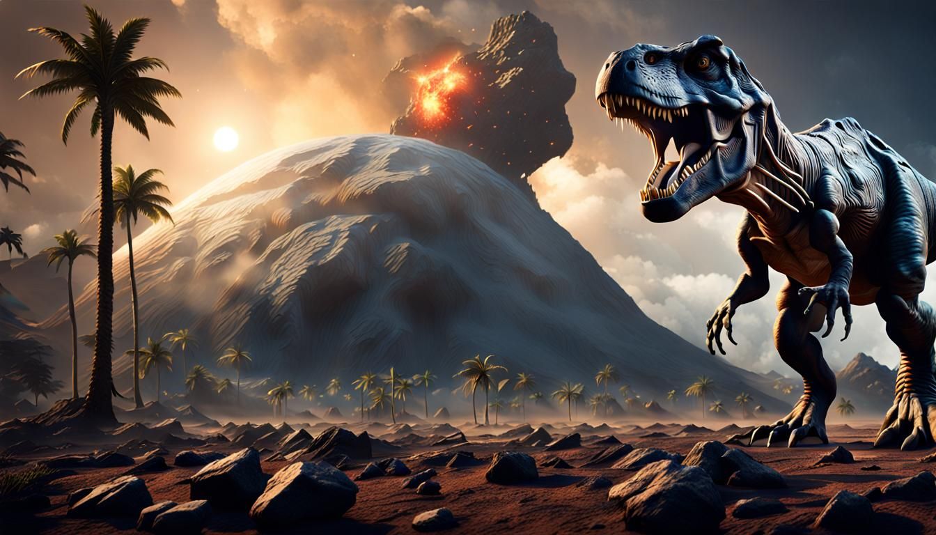t-Rex watching asteroid impact earth, hyper realism, fantasy art, by ...