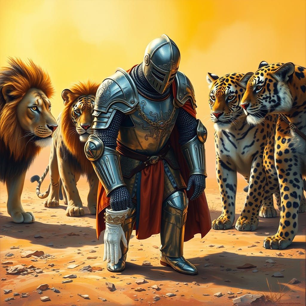 Regal Knight Surrounded by Majestic Beasts in Vibr... - AI Art
