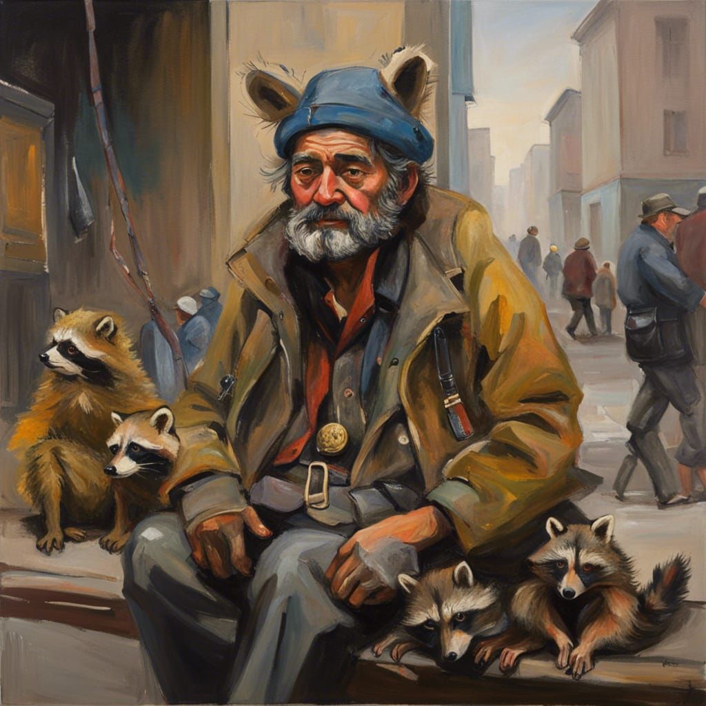 Sad hobo and his pet raccoon army - AI Generated Artwork - NightCafe ...