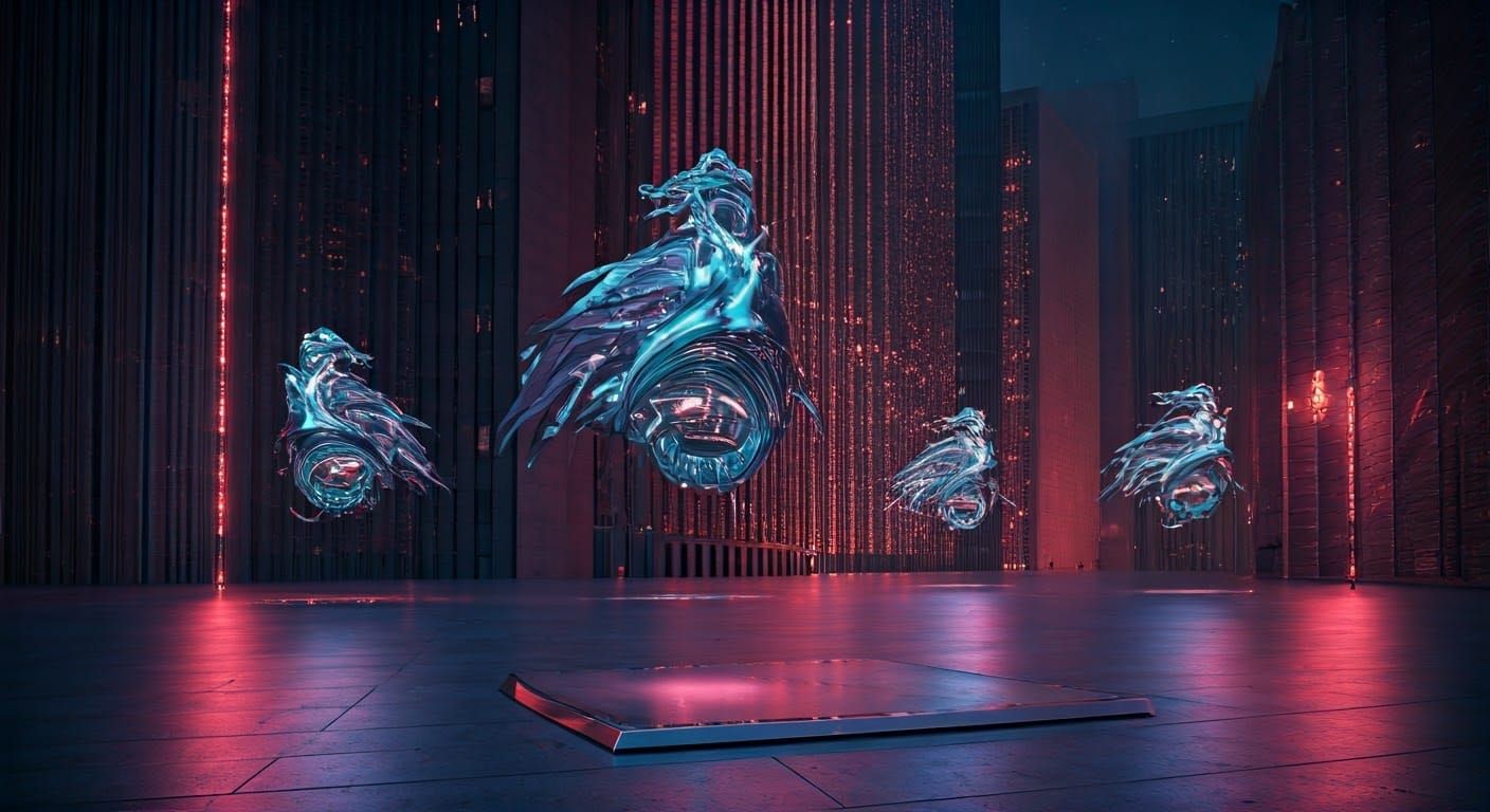 Abstract Nereid Sculptures Levitate Above Futurist... - AI Art