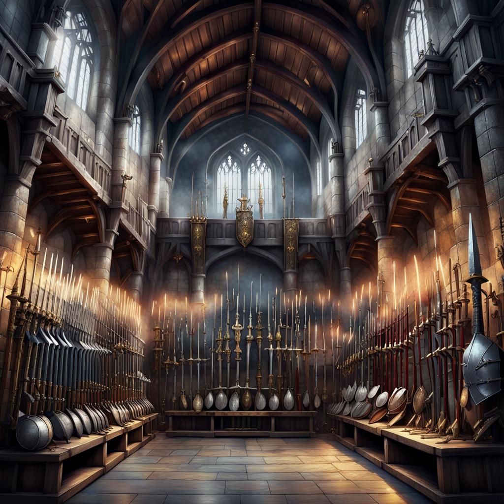 armory of a medieval castle,a shining medieval armor on display, a vast ...