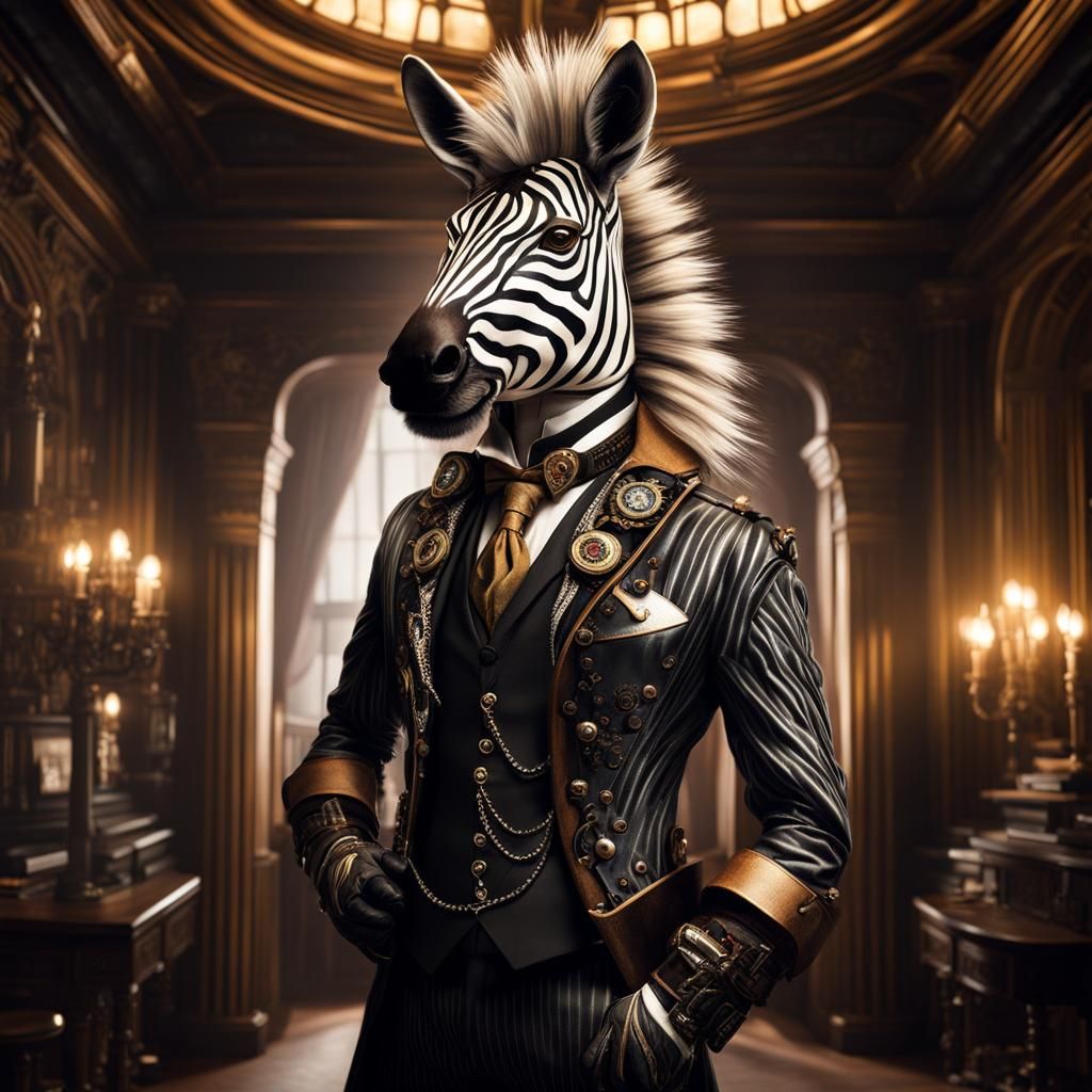 An anthopomorphic zebra wearing a steampunk suit - AI Generated Artwork ...