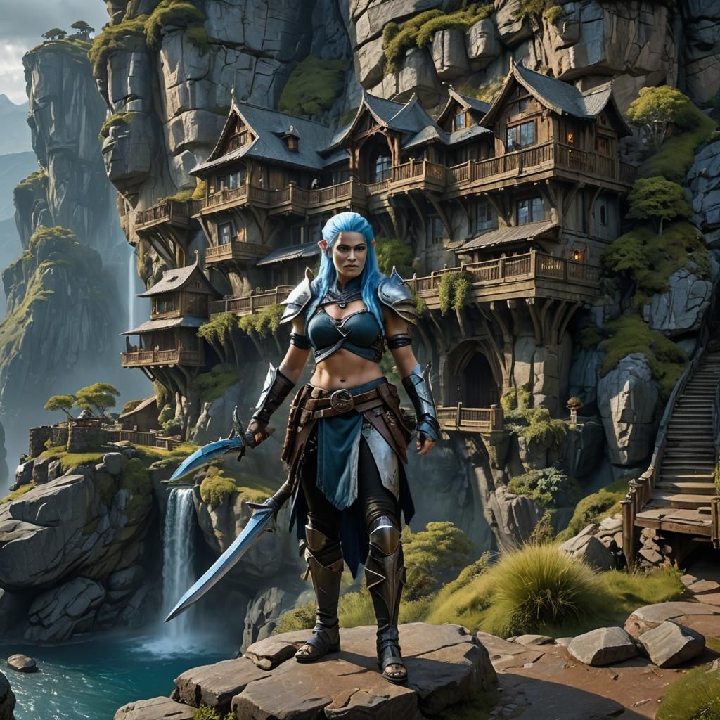 A fullbody portrait of a Female Orc Warrior with blue hair and two orc ...