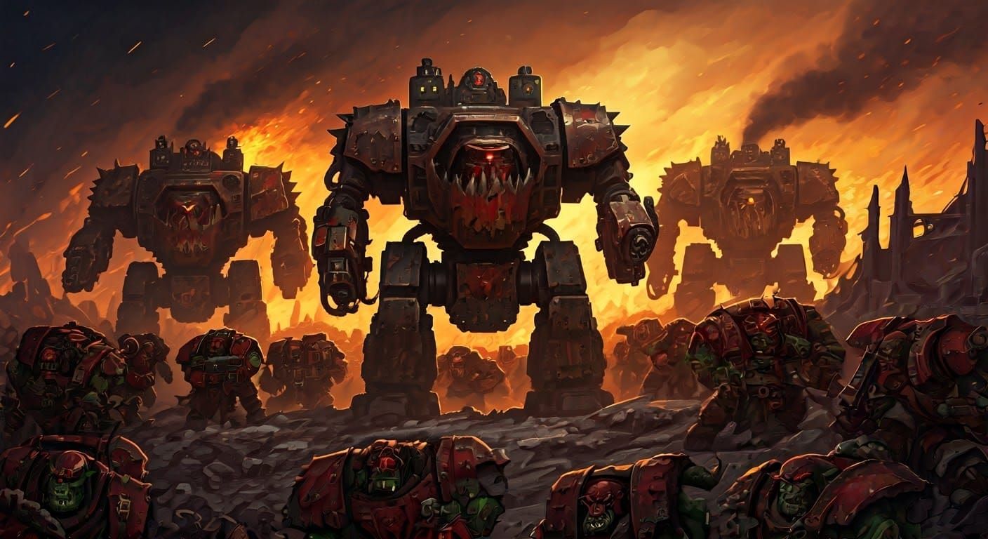 warhammer 40,000 "Evil Sunz" Orks war party with mechs and "Gorka" and ...