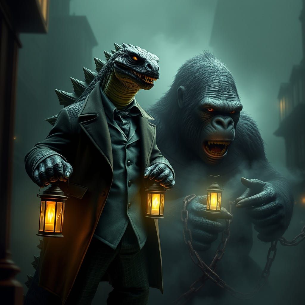 Godzilla as Ebenezer Scrooge, King Kong as Jacob M... - AI Art