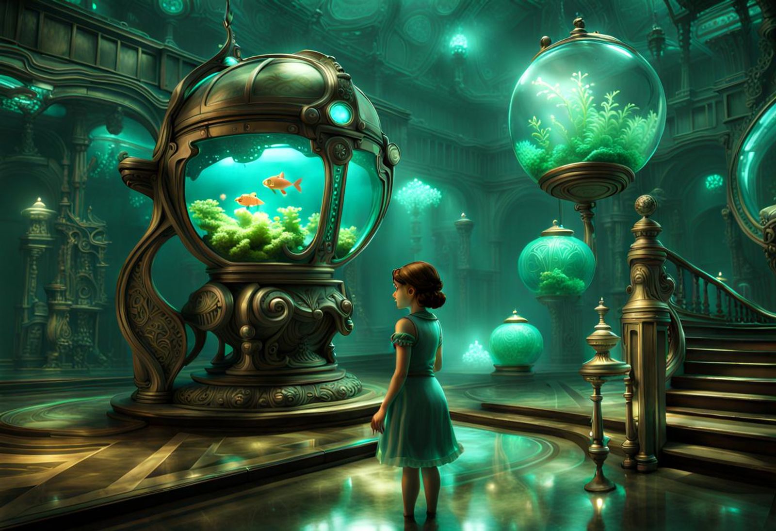 Bioshock biolumiescent fish tank:: "little sister" in a glowing ...