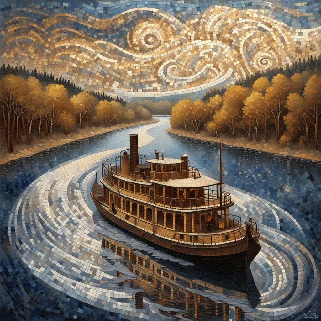 Mosaic of old steamboat on a river during winter. - AI Generated ...