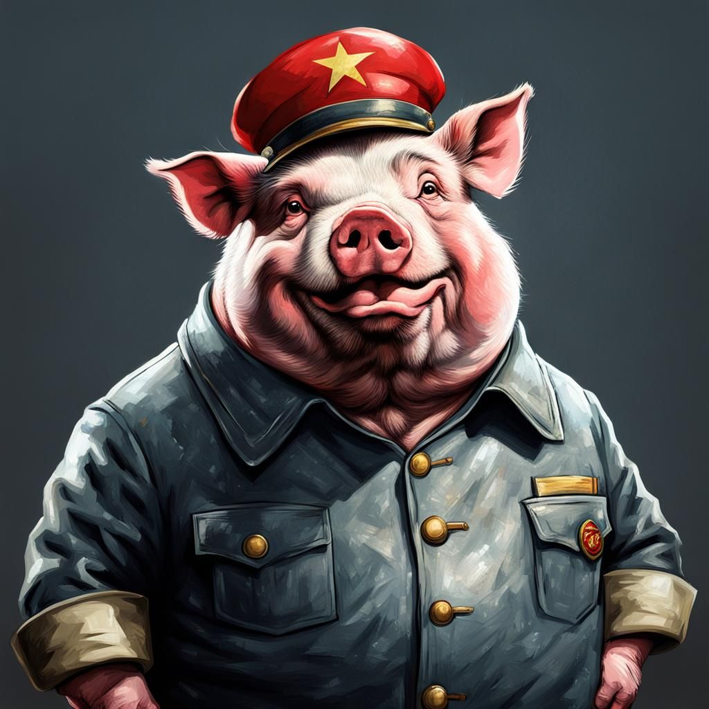ultra realistic anthropomorphic very fat ugly pig dressed as communist disgusted at poor people ...