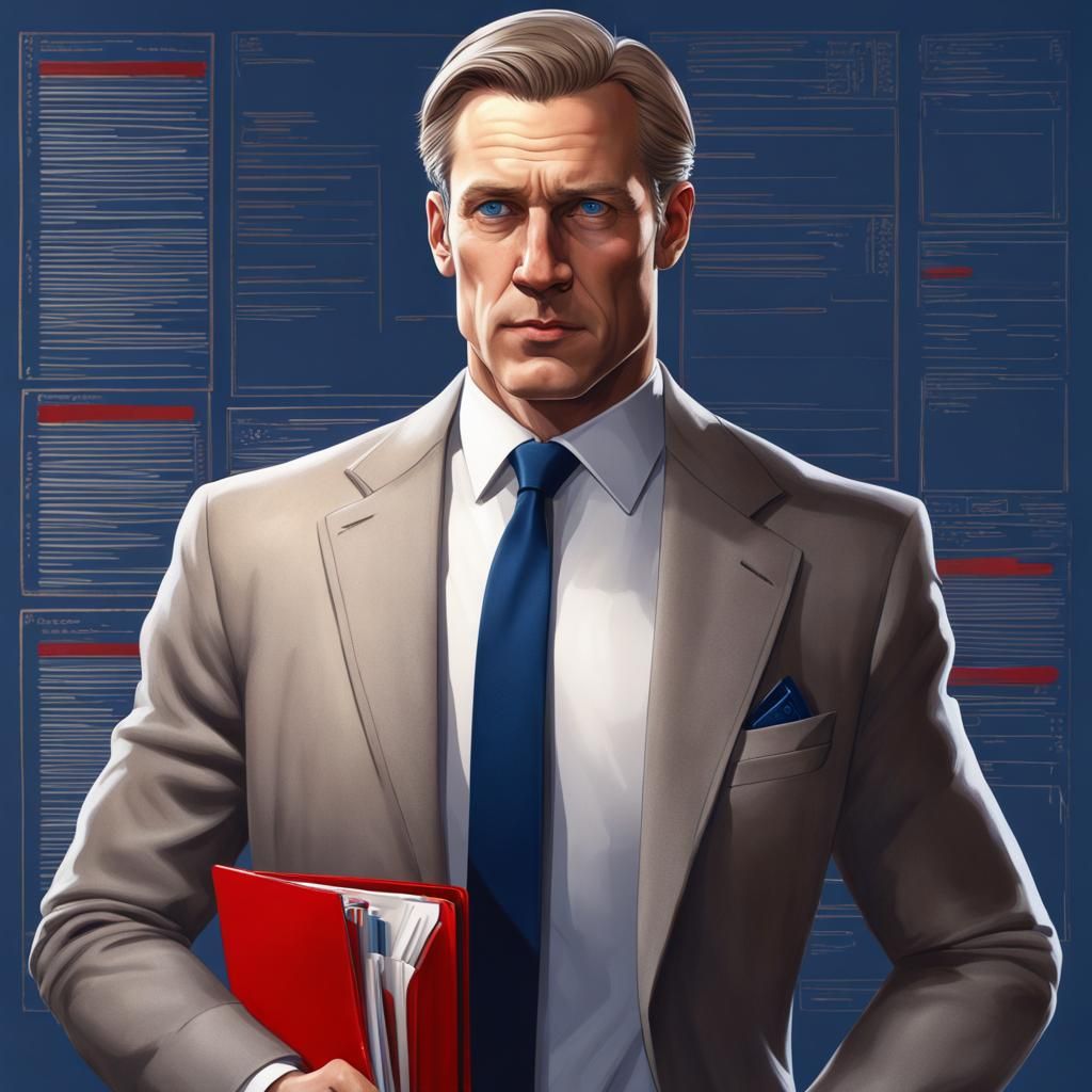 A tall, athletic white Englishman in his mid 40s. He has light brown ...