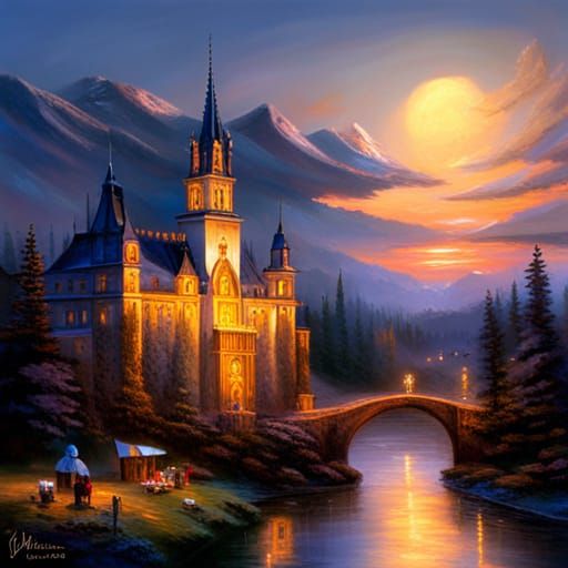 Baroque Cathedral illuminating the countryside at night. Thomas Kinkade ...