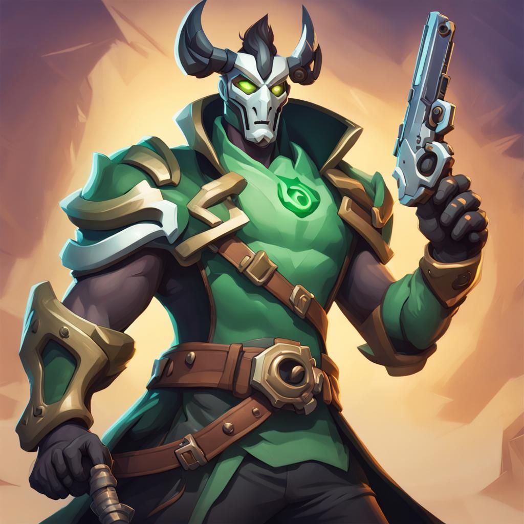 a photo of androxus from paladins game with his mask on in hunstman ...