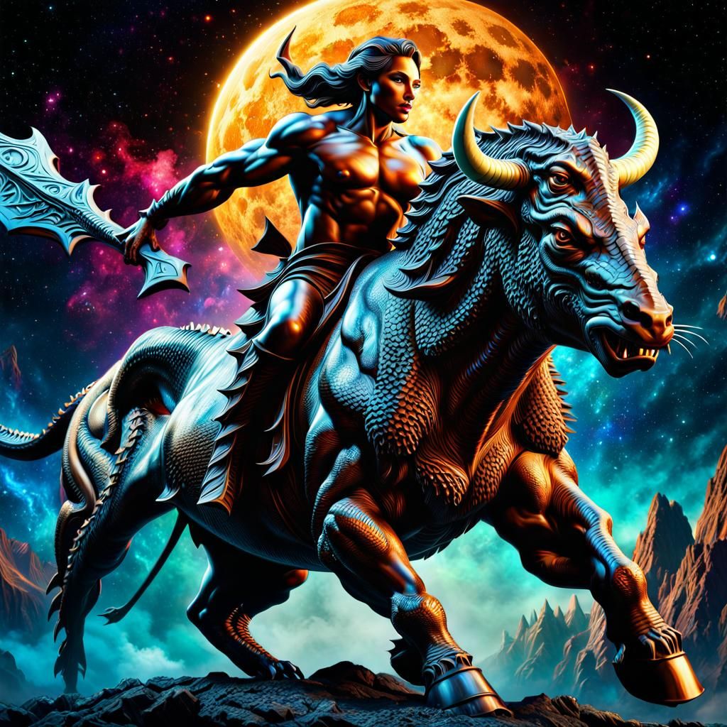 lizard riding Minotaur in infinite space intricate details, HDR ...