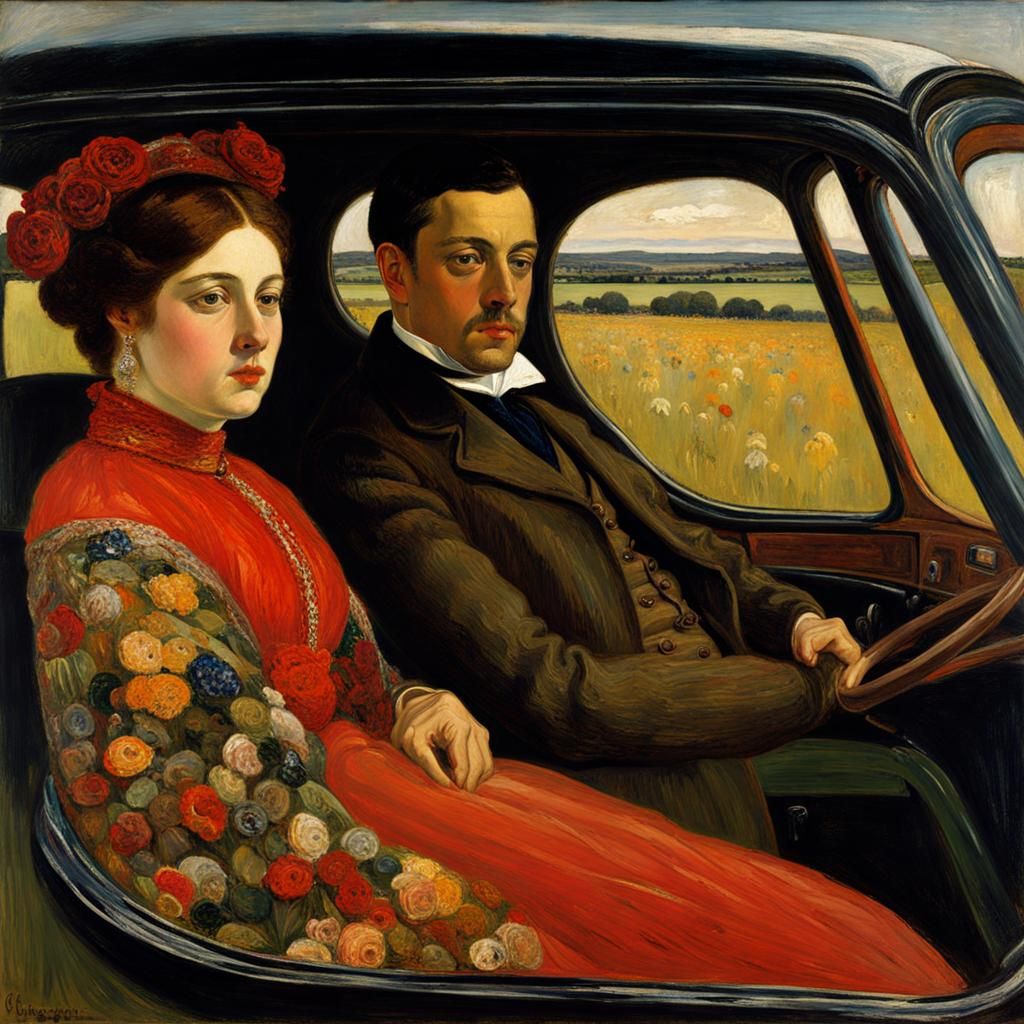 Portrait, COUPLE IN CAR, art brut, neo impressionism, illustration ...