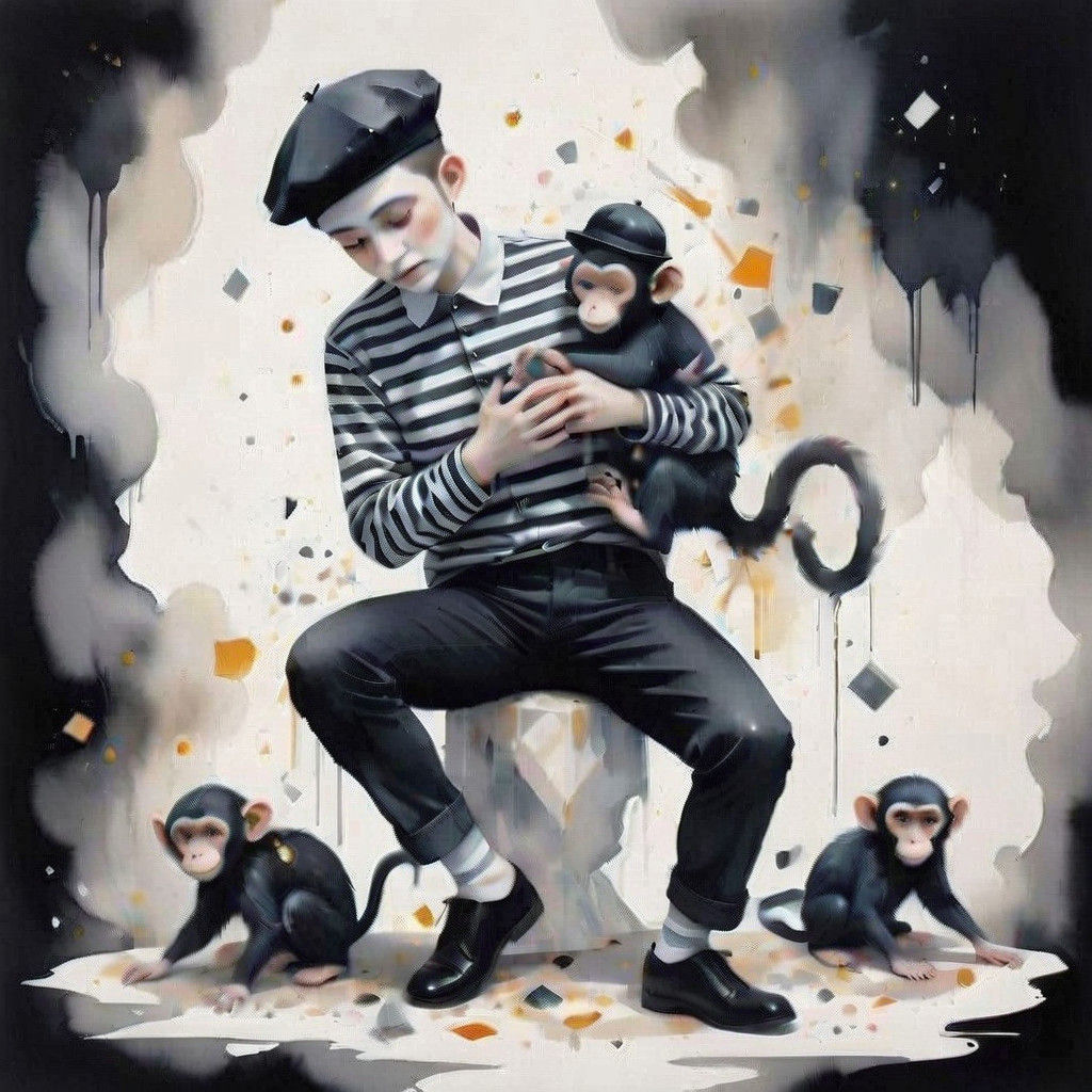 Full-Body Watercolor Portrait Mime Playing with Monkey, Diamond ...
