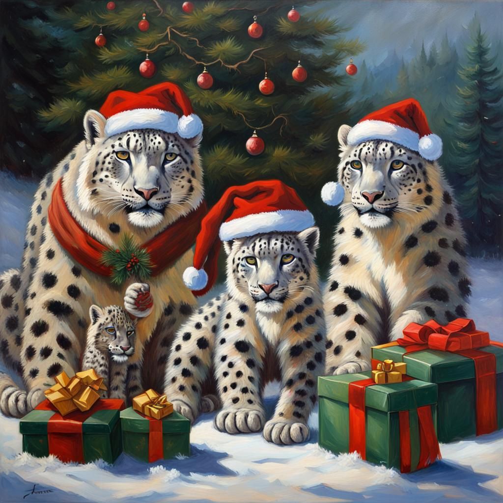 A family of snow leopards wearing Christmas hats and there is a ...