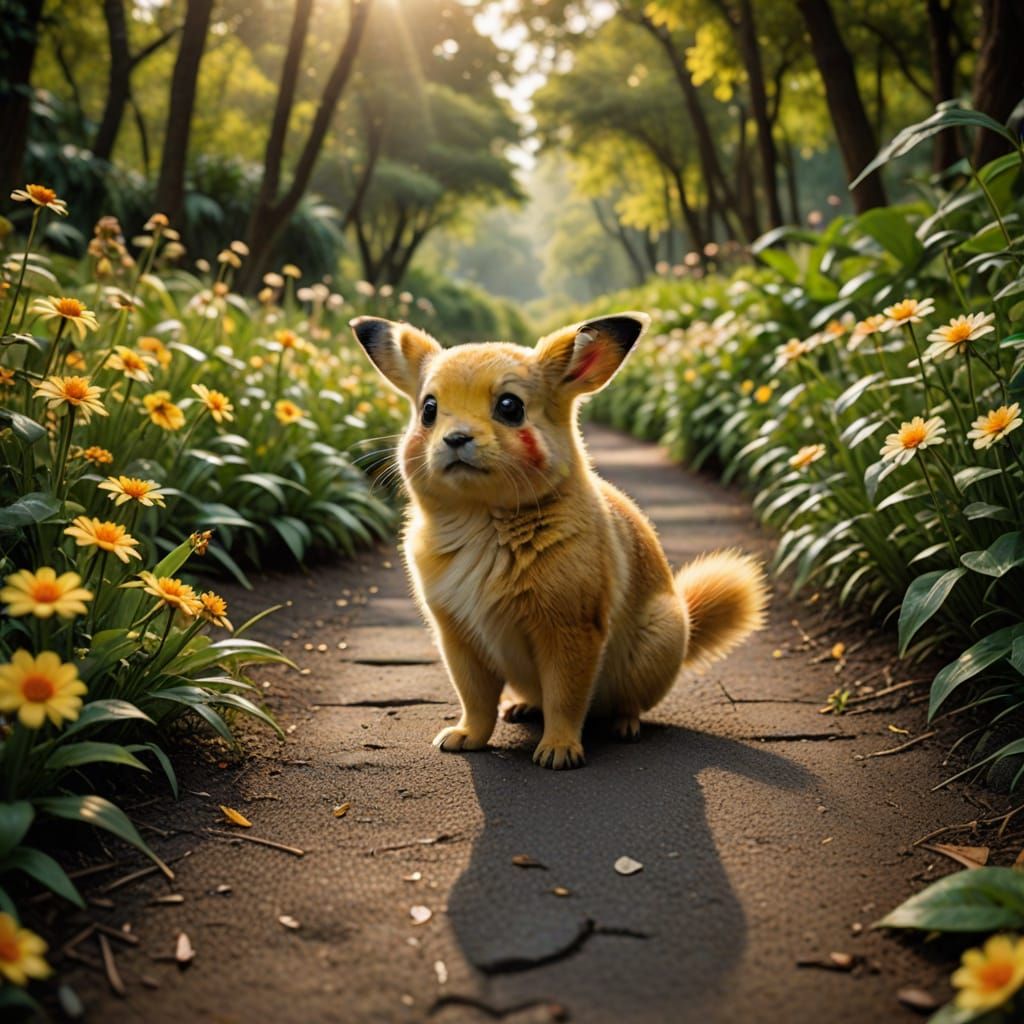 Pikachu and Eevee Stroll in Lush Park Landscape - AI Art